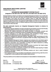 Integrated Management System Policy- English – Kirloskar Brothers Limited
